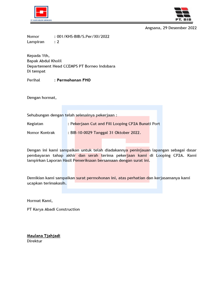 Contoh Surat FHO Untuk Perusahaan Kontraktor | PDF