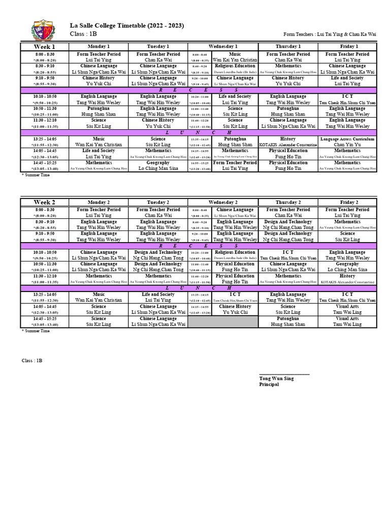 La Salle College 1B Timetable 2022-23 | PDF