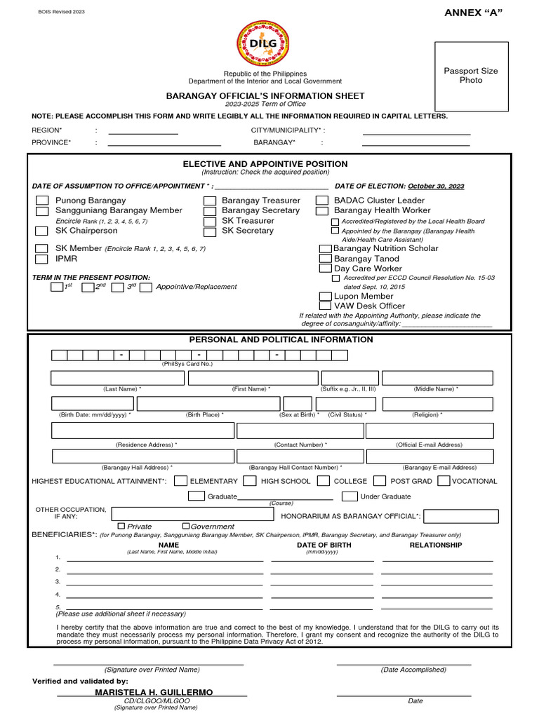 Template Annex A BOIS Form Revised 2023 | PDF
