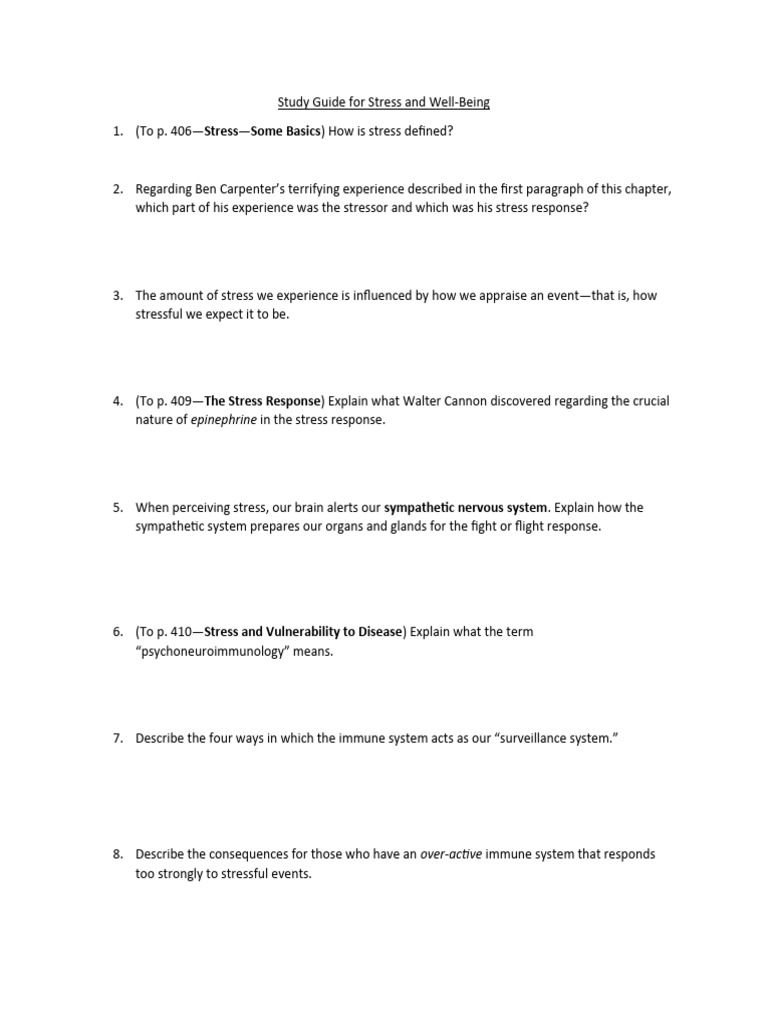 Unit Five Study Guide For Stress and Well Being | PDF | Stress (Biology ...