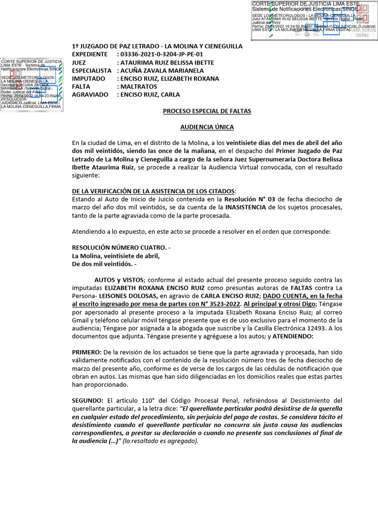 Exp. 03336-2021-0-3204-JP-PE-01 - Resolución - 19115-2022 ROXANA | PDF | Judicaturas | Queja