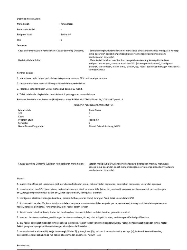 RPS Kimia Dasar | PDF