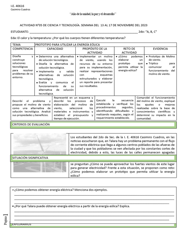 2° SEC. EDA 7 SEMANA 5 Diseña CYT 2023 Prototipo para Utilizar La Energía Eólica | PDF | Energía ...
