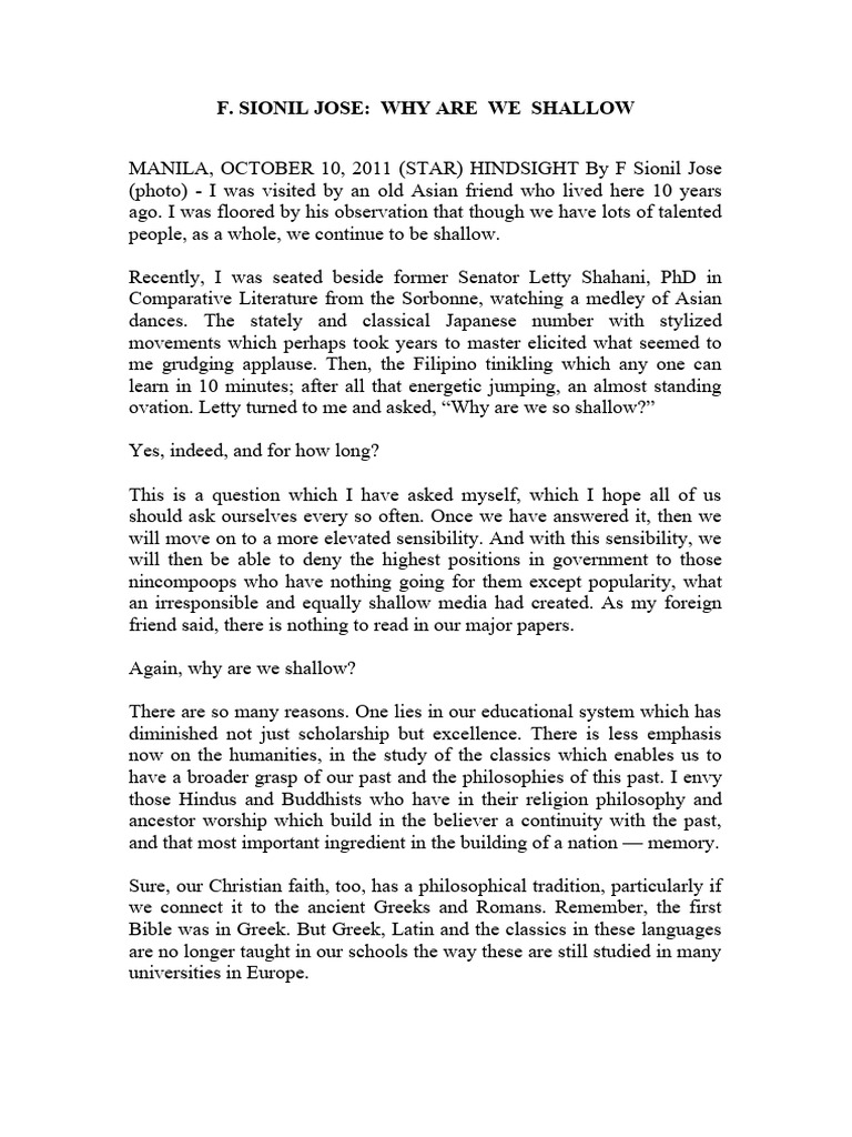 Sionil Jose Why Are We Shallow | PDF | Wisdom | Knowledge