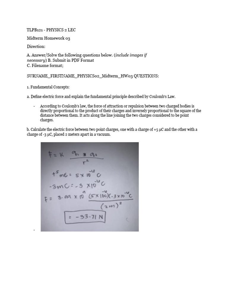 SINOHIN JOSHUA PHYSICS02 Midterm HW03 | PDF | Force | Electric Field