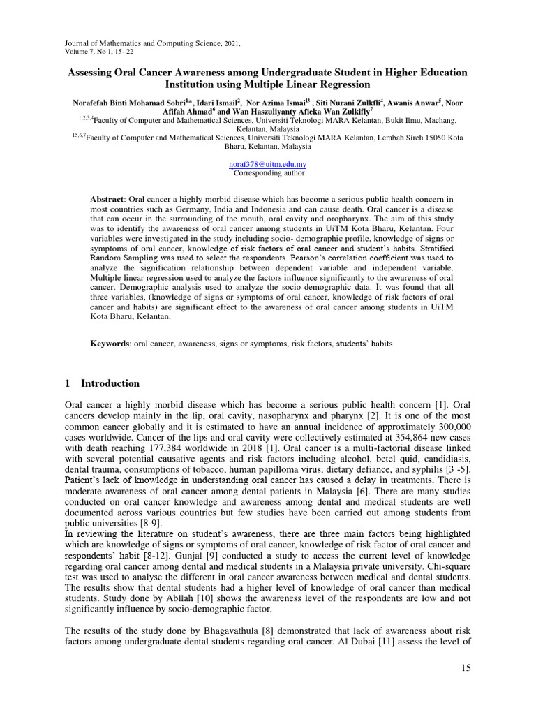 Assessing Oral Cancer Awareness Among Undergraduate Student in Higher Education Institution ...