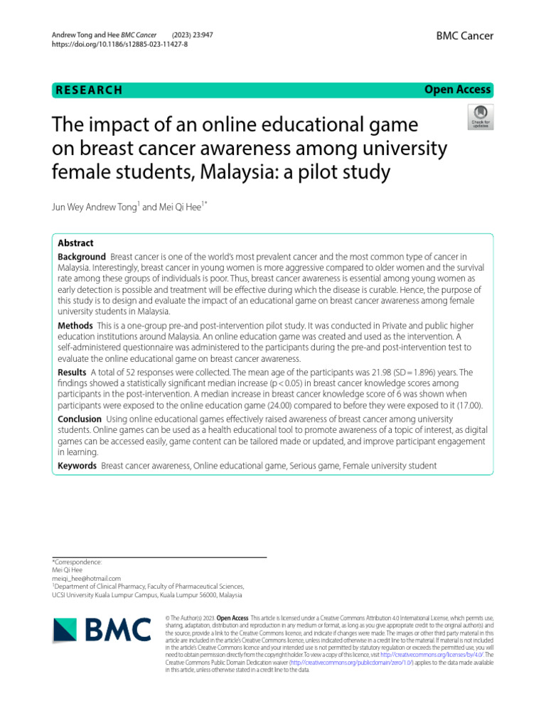 The Impact of An Online Educational Game On Breast Cancer Awareness ...