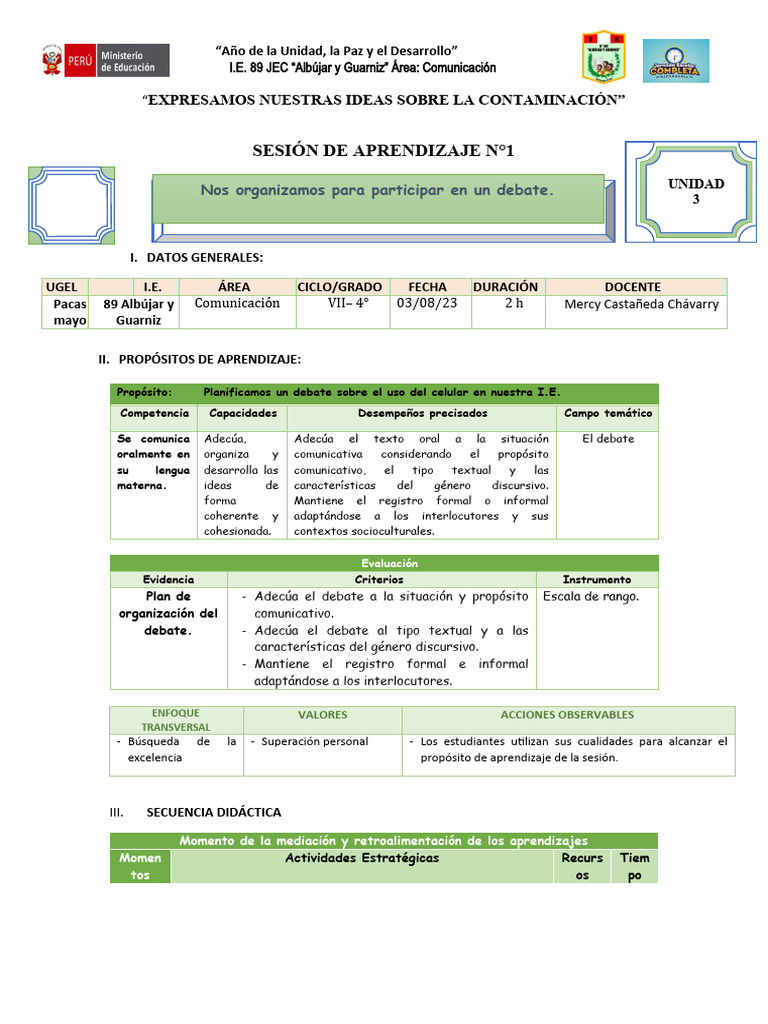 Sesión de Aprendizaje N 1 | PDF | Aprendizaje | Evaluación