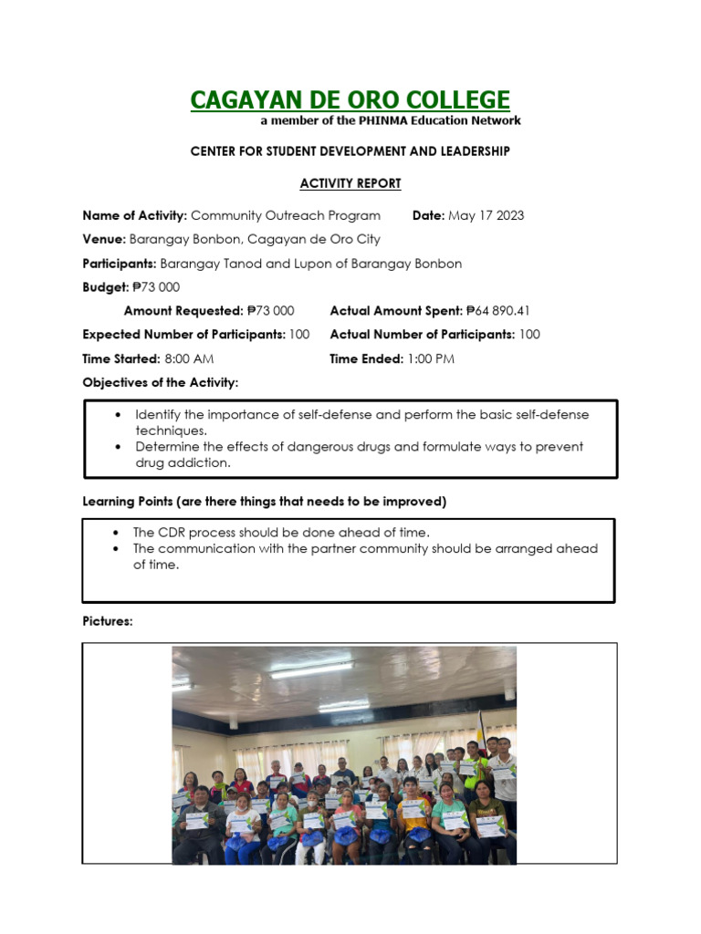 ACTIVITY REPORT - Community Outreach Program | PDF