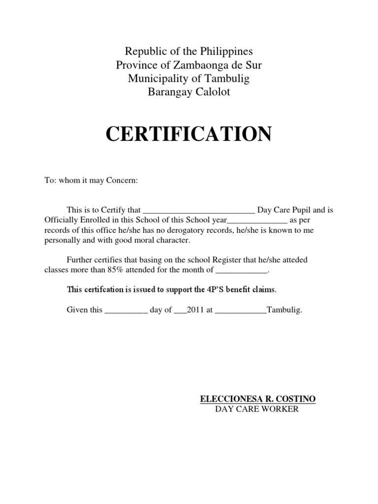 Day Care Enrollment Certification Template | PDF