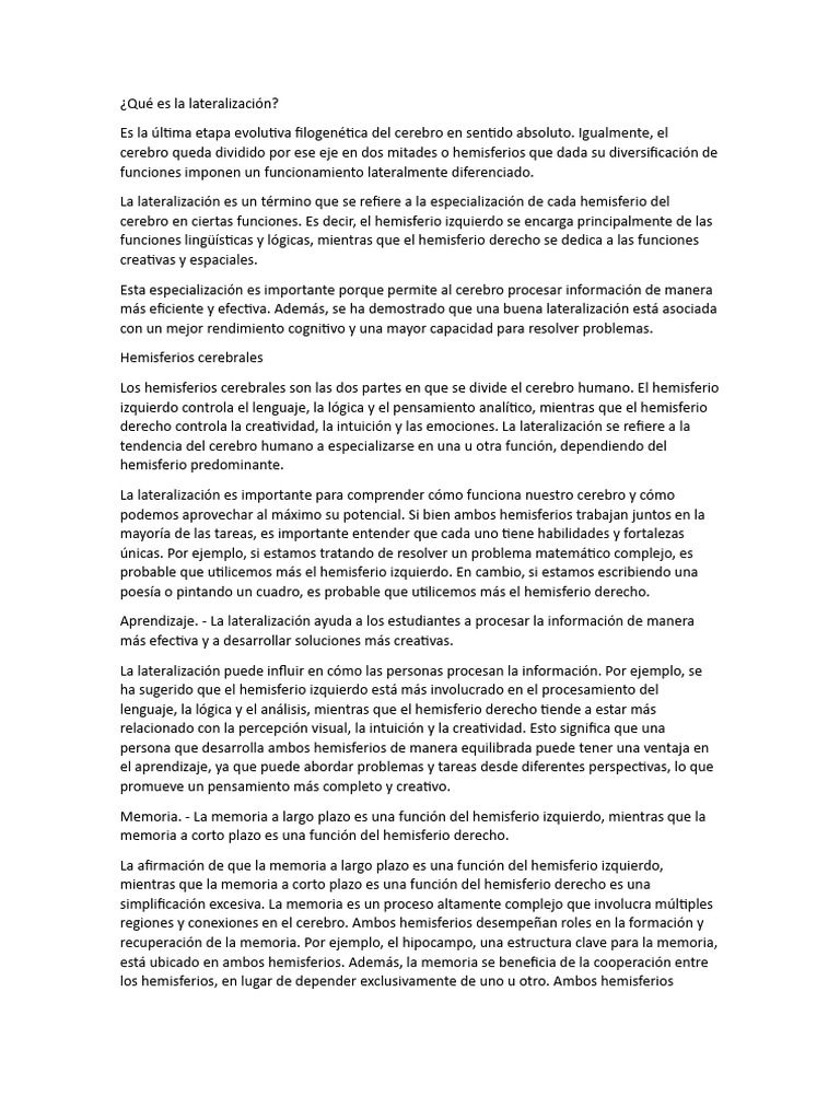 Qué es la lateralización | PDF | Hemisferio cerebral | Cerebro