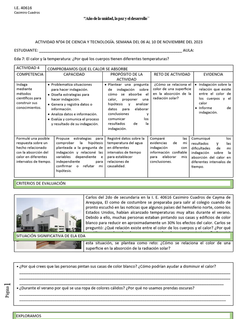 2° SEC. EDA 7 SEMANA 4 Indaga CYT 2023 Comprobamos que el calor se absorbe | PDF | Color | Ligero