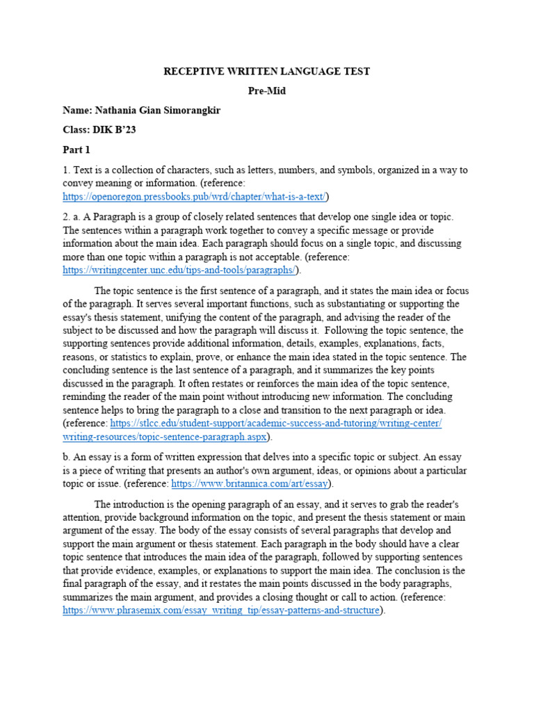 Receptive Written Language Test | PDF | Essays | Paragraph