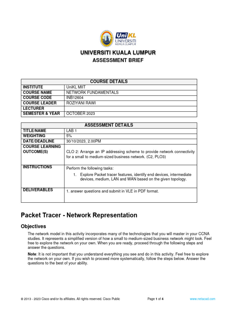 Lab 1 Packet Tracer - Network Representation | Download Free PDF ...