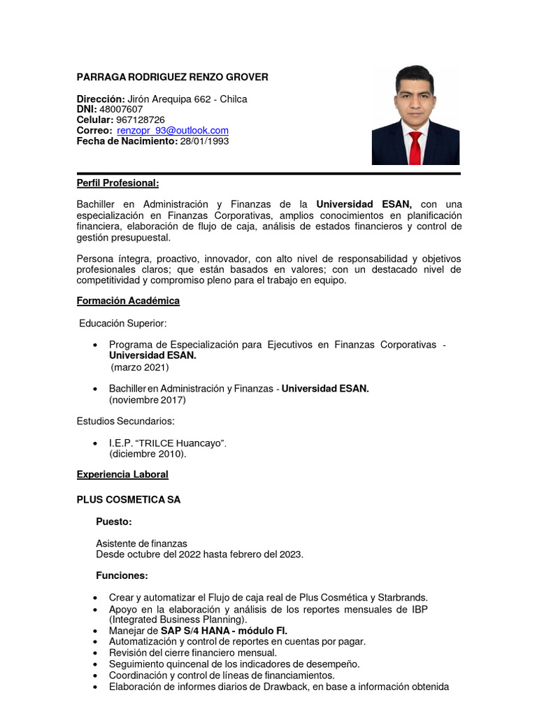 CV - PARRAGA RODRIGUEZ RENZO GROVER | PDF | Presupuesto | Business