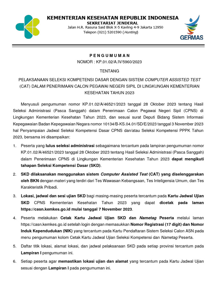 Pengumuman Pelaksanaan SKD CPNS 2023 OK | PDF