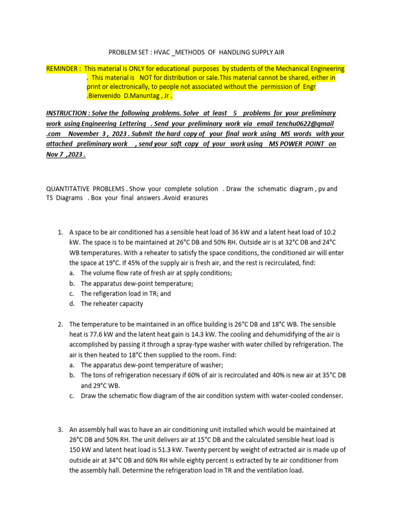 PROB SET 2 HVAC(1) | PDF | Air Conditioning | Refrigeration