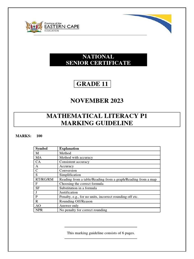 MATHS LIT P1 MEMO GR11 NOV2023 - English | PDF | Elementary Mathematics ...