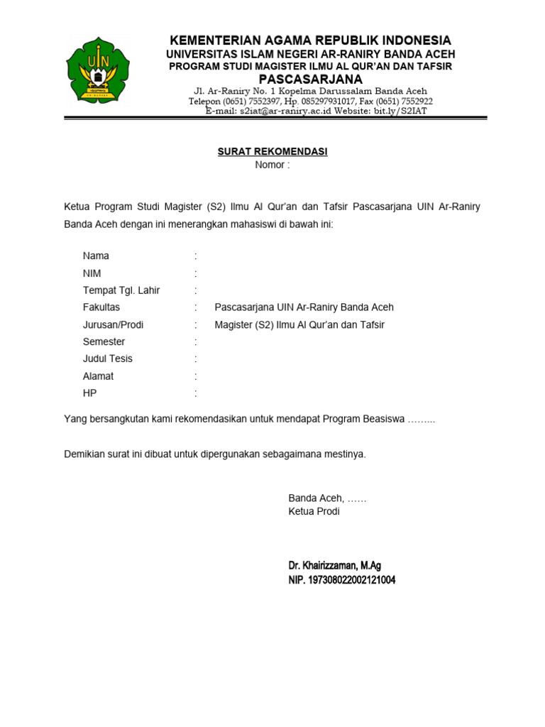 Form Surat Rekomendasi Beasiswa S2 IAT | PDF