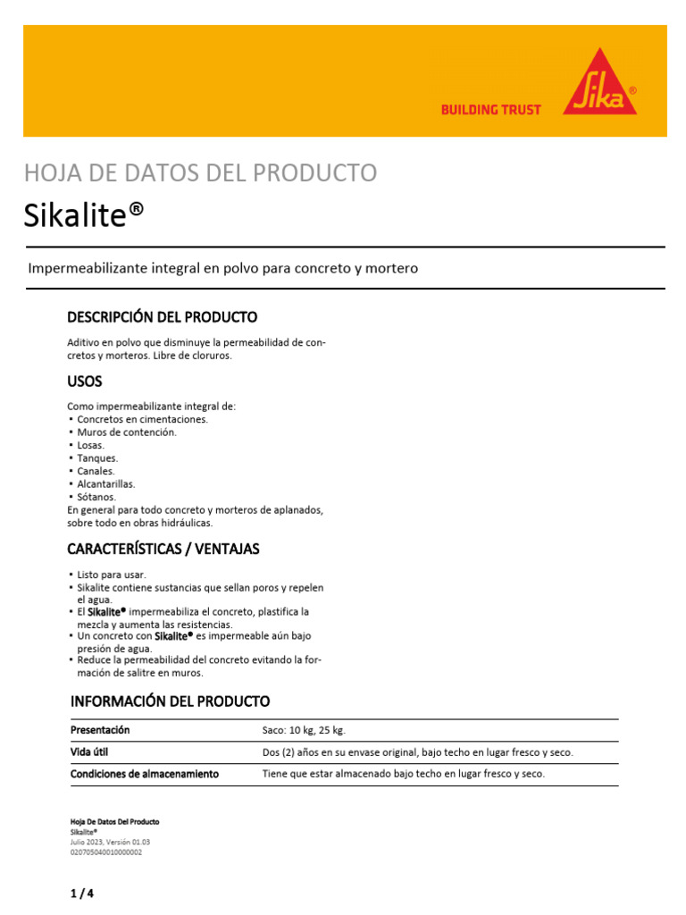 Sikalite | PDF | Hormigón | Cemento