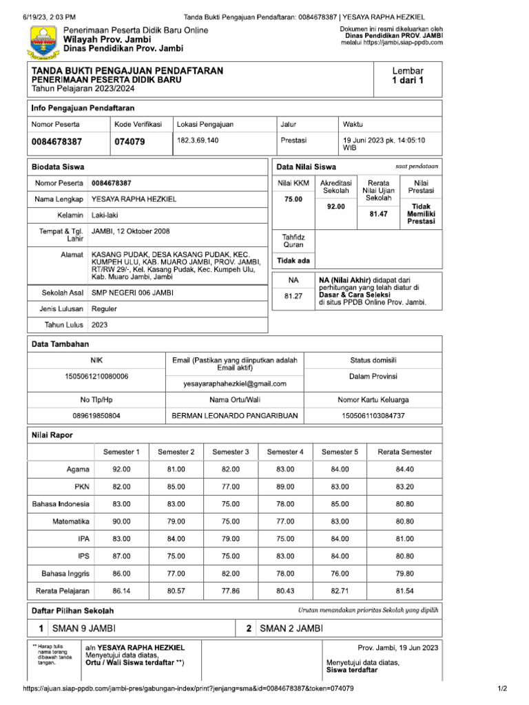 Yesaya Rapha H - Bukti PPDB | PDF