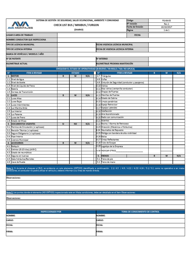 F-05 Check List Bus - Mini Bus - Furgon Rev 1 | PDF | Transporte ...