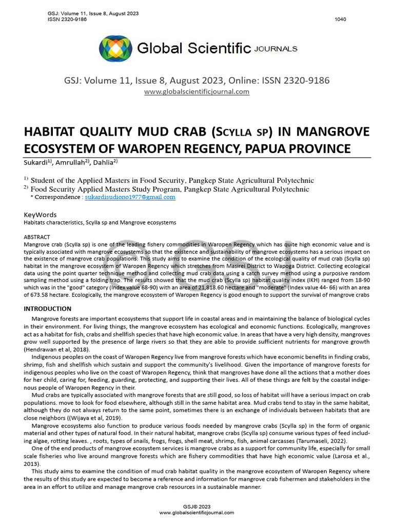 Habitat Quality Mud Crab Scylla SP in Mangrove Ecosystem of Waropen ...