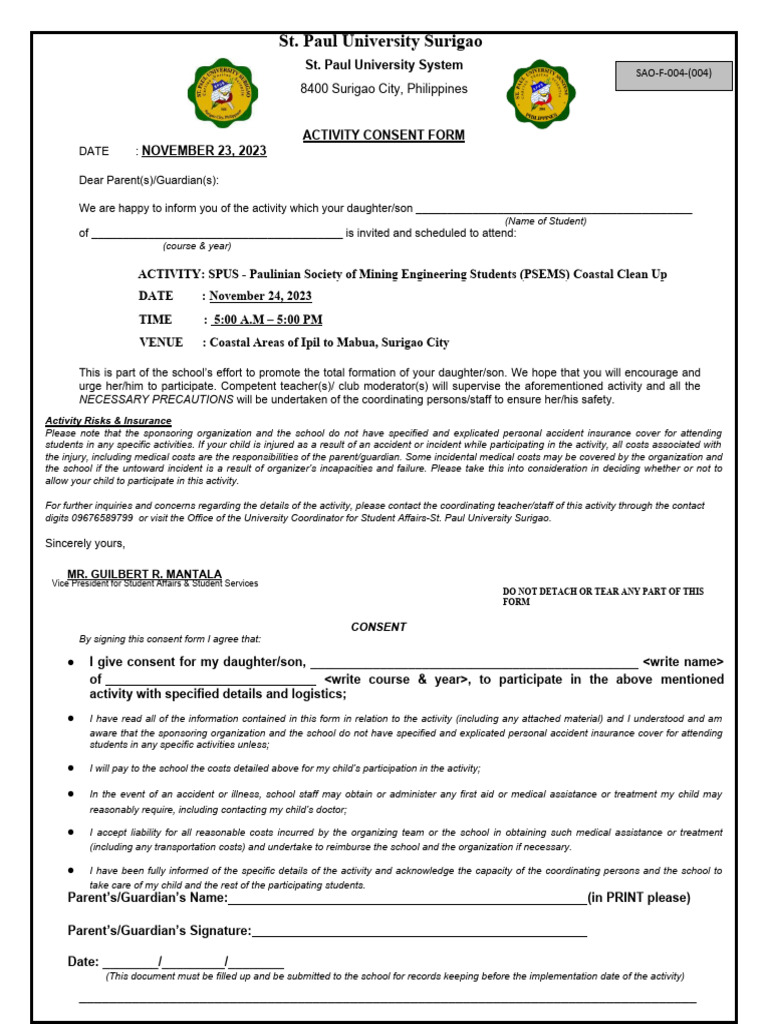 Parents-Consent For Coastal Clean Up | PDF