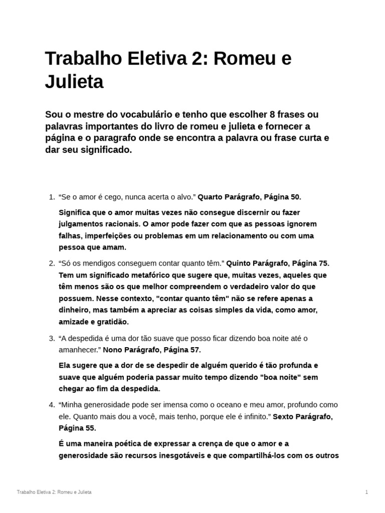 Trabalho Eletiva 2 Romeu e Julieta | PDF | Amor | Romeu e Julieta