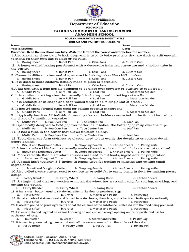 TLE Bread & Pastry Assessment | PDF | Knife | Salad