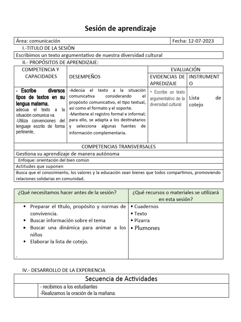 Sesión nuestra diversidad cultural | PDF | Aprendizaje | Ensayos