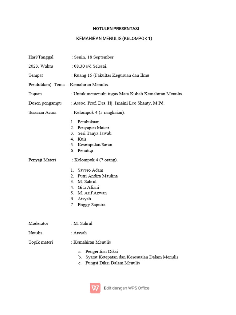 Notulen Presentasi Kelompok 1 | PDF