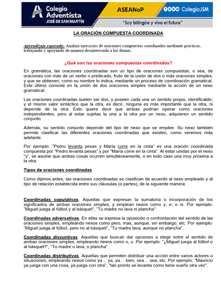 La Oración Compuesta Coordinada 2° | PDF | Oración (Lingüística ...