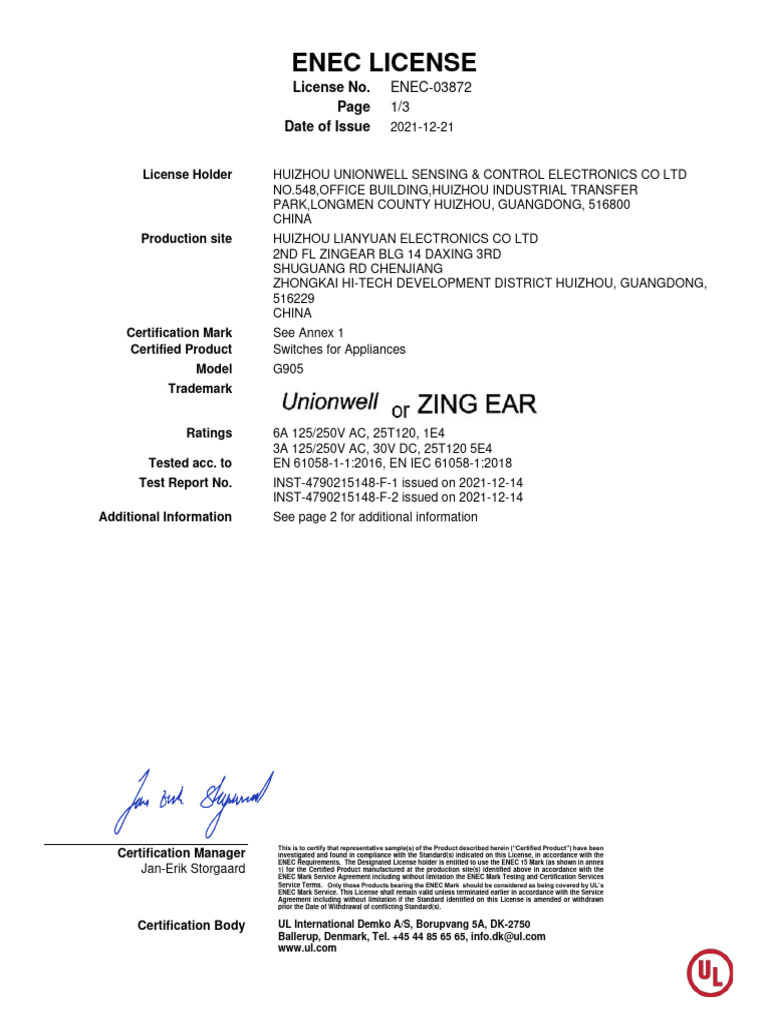 Grandye - ENEC Certificate - G905 | PDF | Electrical Engineering ...