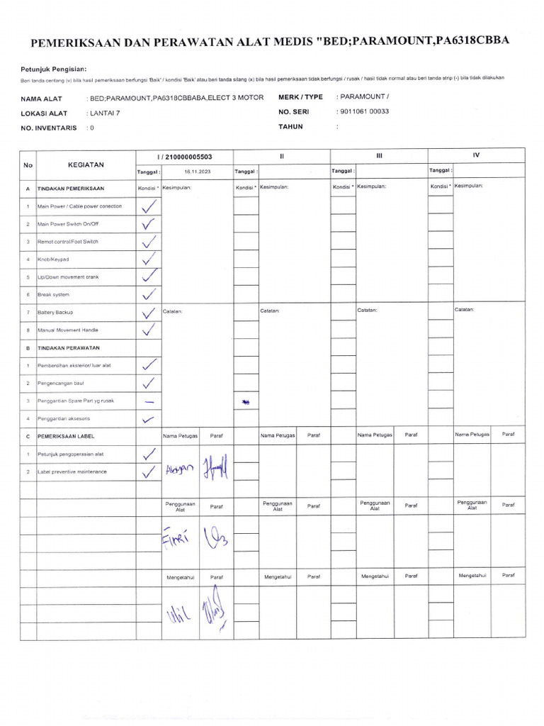 Checklist PPM Bed Pasien 16.11.2023 | PDF