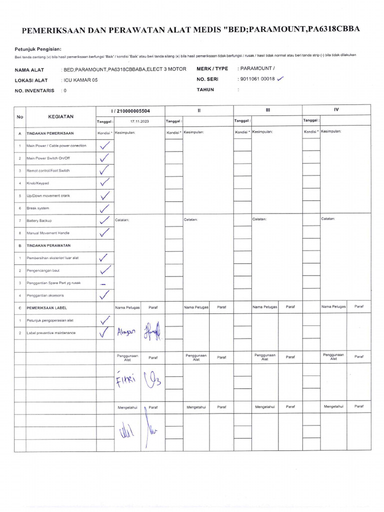 Checklist PPM Bed Pasien 17.11.2023 | PDF