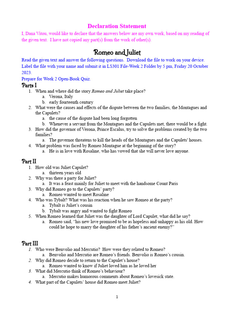 Romeo&Juliet Comprehension Questions Dana Vitou | PDF | Characters In ...