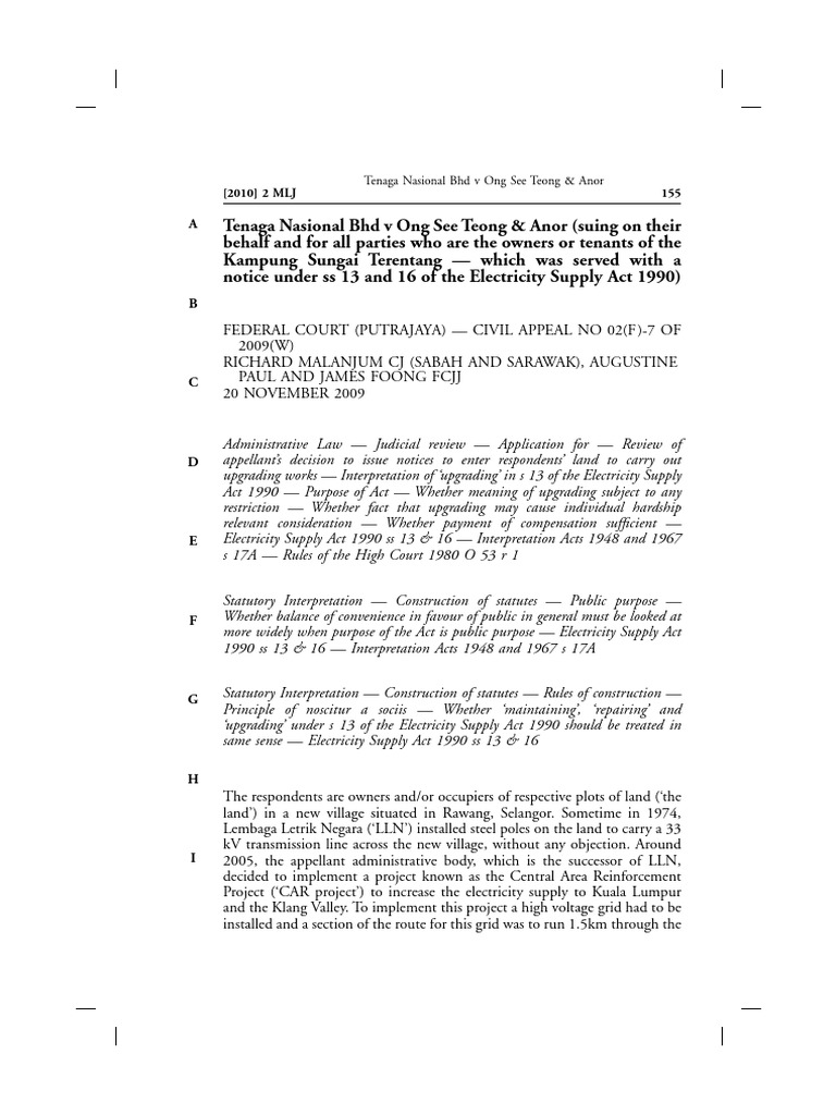 (2010) 2 MLJ 155 Tenaga Nasional BHD V Ong See Teong & Anor | PDF | Statutory Interpretation ...