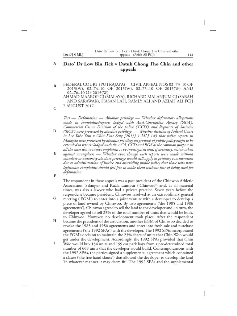Dato' DR Low Bin Tick V Datuk Chong Tho Chin and Other Appeals | PDF ...
