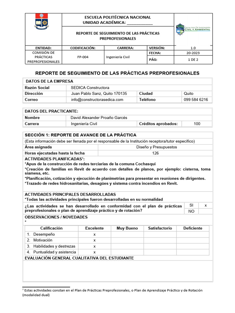 FP-004 Reporte Avance Practicas Preprofesionales | PDF