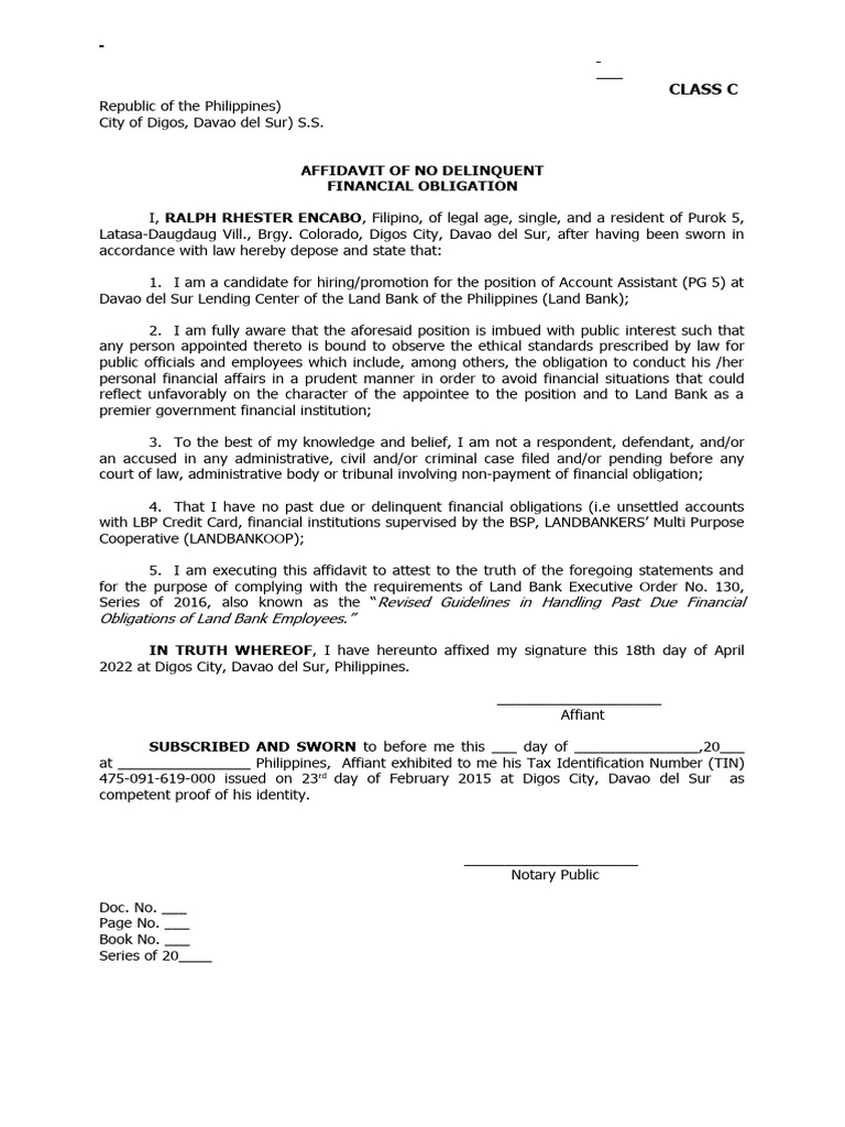 6 Affidavit of No Delinquent Financial Obligation | PDF | Affidavit | Public Law