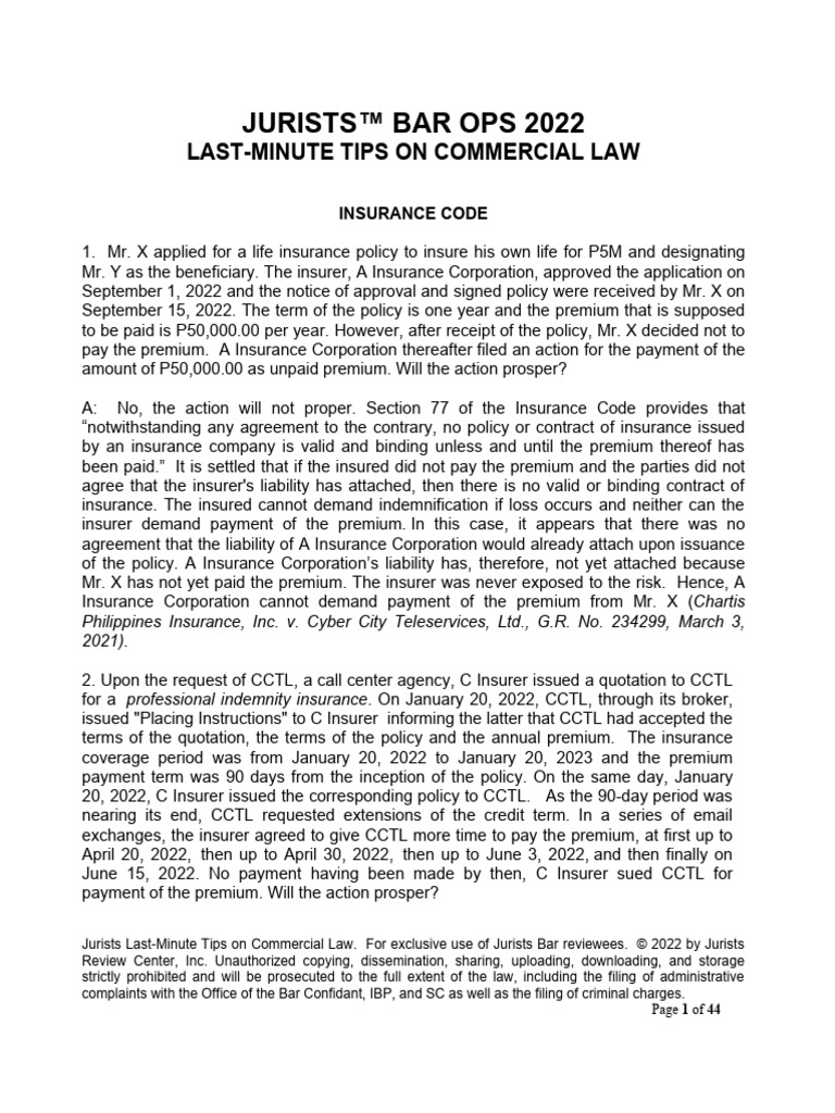 Jurists Last-Minute Tips On Commercial Law | PDF | Insurance | Legal Liability
