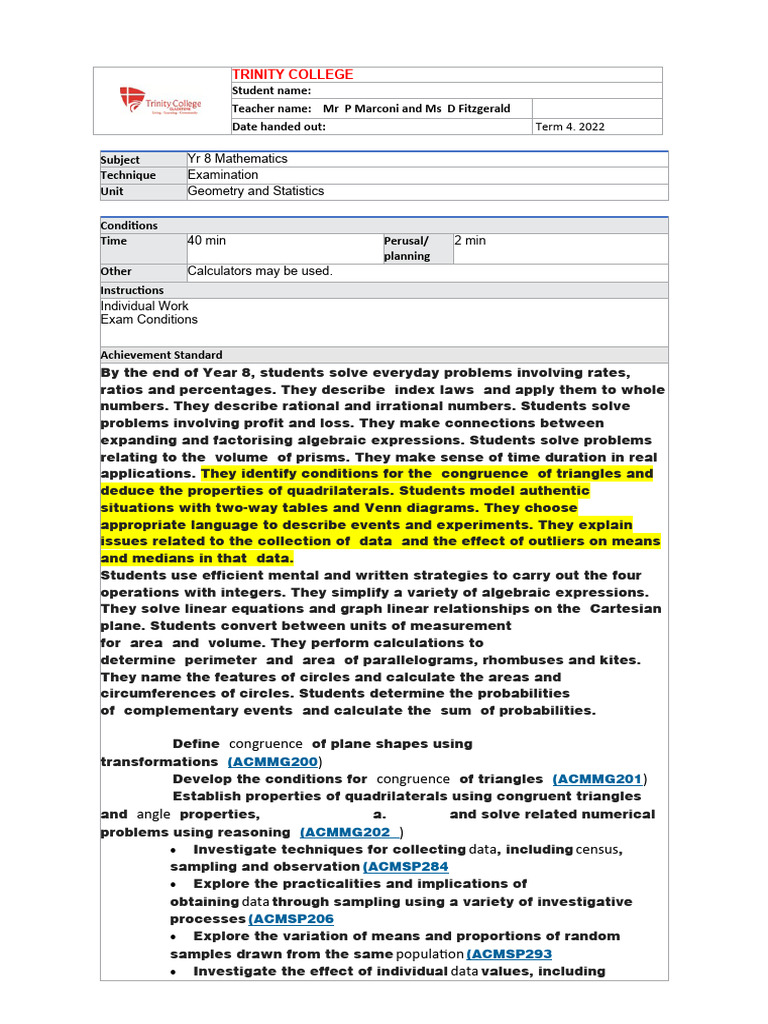 2023 Y8 - Yr 8 FINAL Geometry and Statististics TEST - Sem 2 | PDF ...
