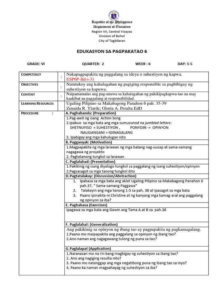 Bohol ESP6 Q2 PLP6 D1-5 v.01 | PDF