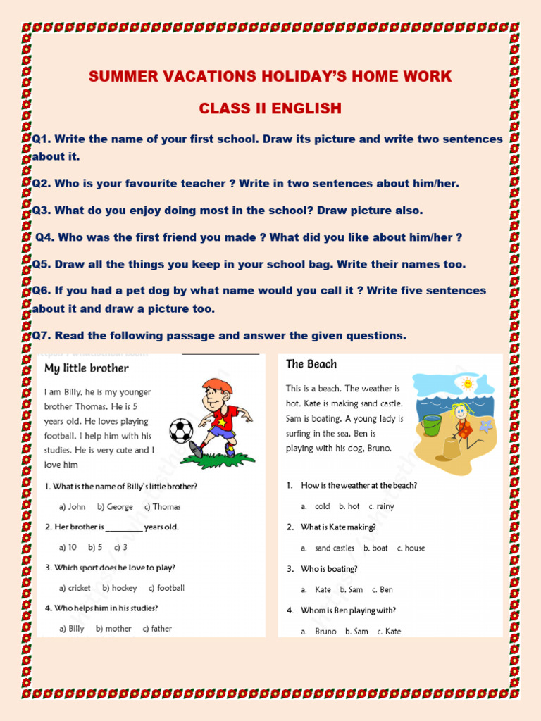 Summer Vacation Homework for Class II-IV | PDF