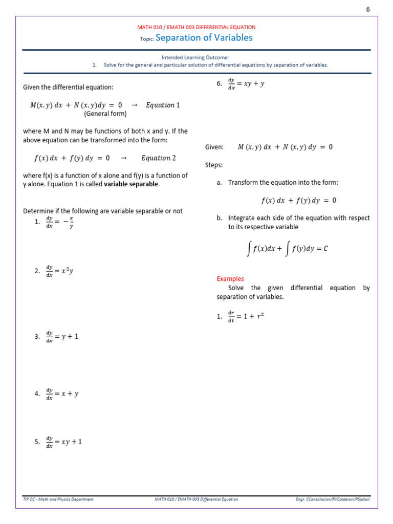 3 Separation of Variables - To Print | PDF | Equations | Differential ...