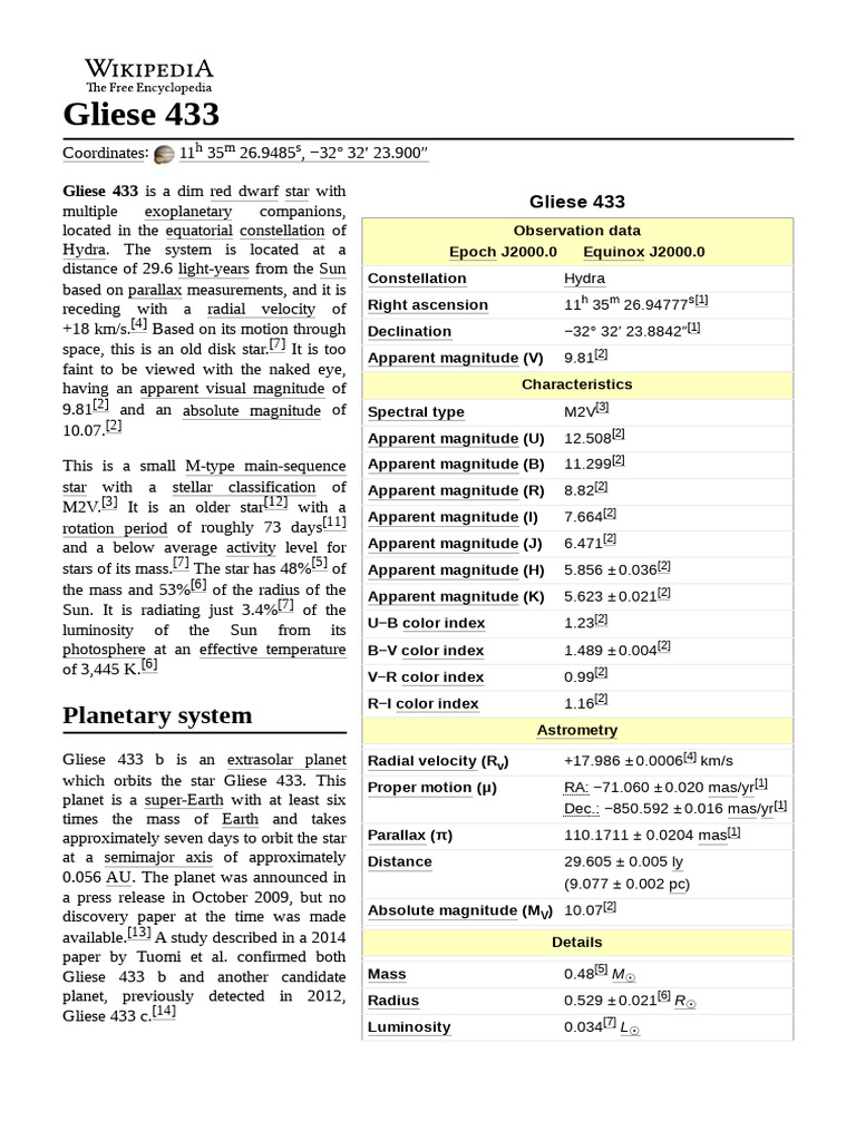 Gliese 433 | PDF | Stars | Circumstellar Habitable Zone