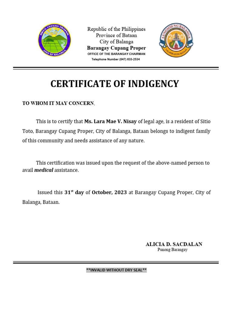 Certificate of Indigency For City Hall | PDF