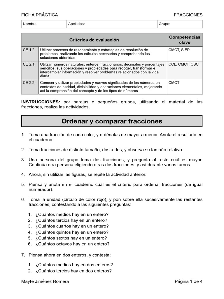 Ficha Fracciones Manipulativas | PDF | Sustracción | Matemática Elemental