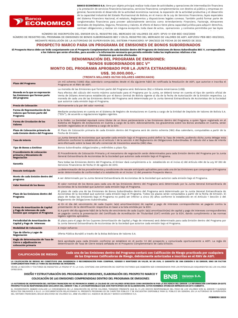 Prospecto Marco Programa de Emisiones Bonos Subordinados BEC V | PDF | Bancos | Bolsa de Valores